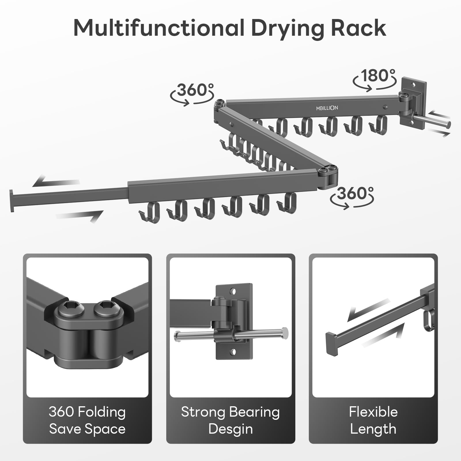 Mbillion Tri Folding Clothes Drying Rack with Extended Arm 48'' Long,Laundry Drying Rack,Wall Mounted Drying Racks for Laundry with Hooks, for Balcony,Laundry,Bathroom (3 fold with Hooks Dark Gray)