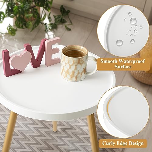 danpinera Round Side Table, Metal Legged Accent Table with Wooden Tray, Small Round End Table for Living Room, Bedroom, Nursery, White & Gold