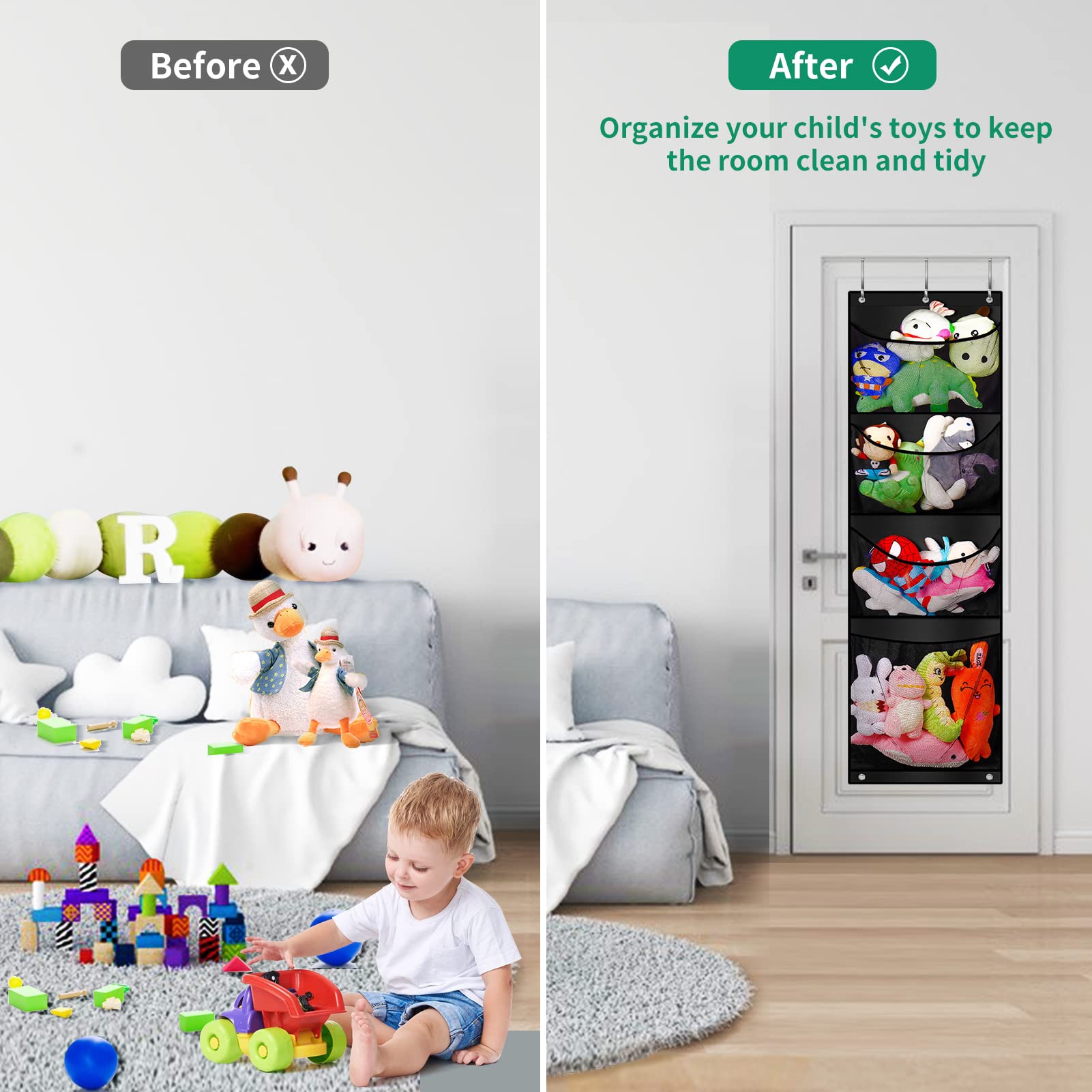 bmhlinyi Over Door Stuffed Animal Storage, Stuff Animals Organizer and Toy Plush Storage,With 4 Large Breathable Storage Pockets, Hanging Door Organizer for Nursery, Bedroom, Bathroom, Kids Room