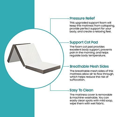 Greaton 4-Inch Tri-Folding Portable Gel Memory Foam Floor Mattress | Ultra Soft Breathable Mesh Sides, Cot Pad, Comfortable Multi-Functional Mattresses, Removable and Washable Cover, 25-Inch, White