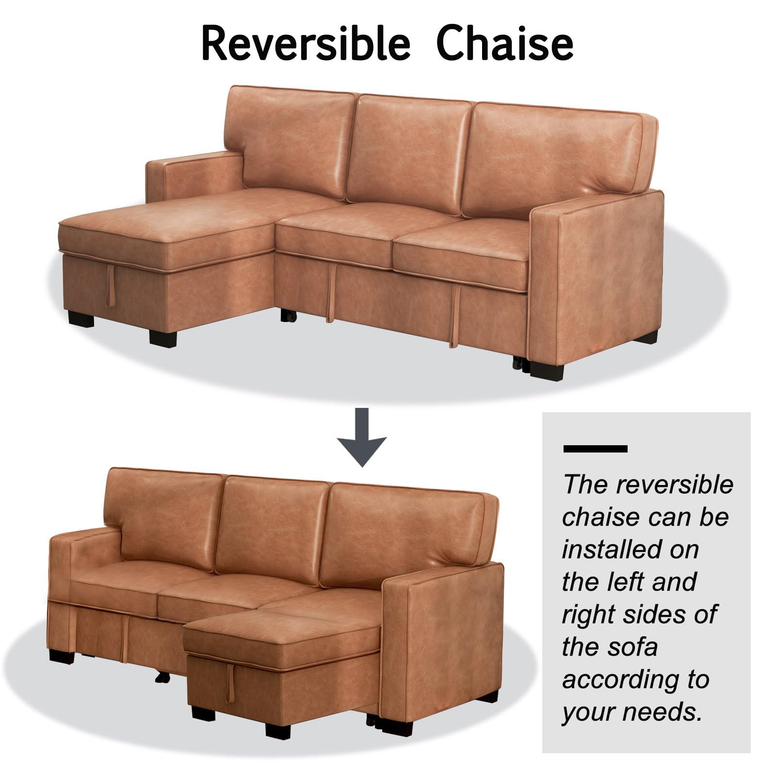 CANMOV Convertible Sleeper Sofa 3 in 1, Faux Leather Chaise Convertible Sofa Bed with Reversible Chaise L Shaped Sleeper Sofa with Storage, Couch Bed Sofa Pull Out Sofa Beds, Brown