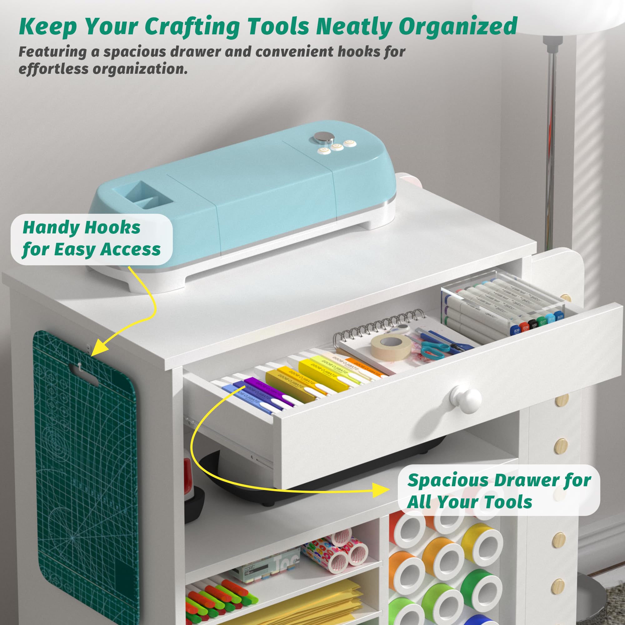 Craft Organization and Storage Cart Compatible with Cricut Machines, Featuring Vinyl Roll Holder and Drawers, Rolling Craft Storage Cabinet and Workstation for Craft Room and Home