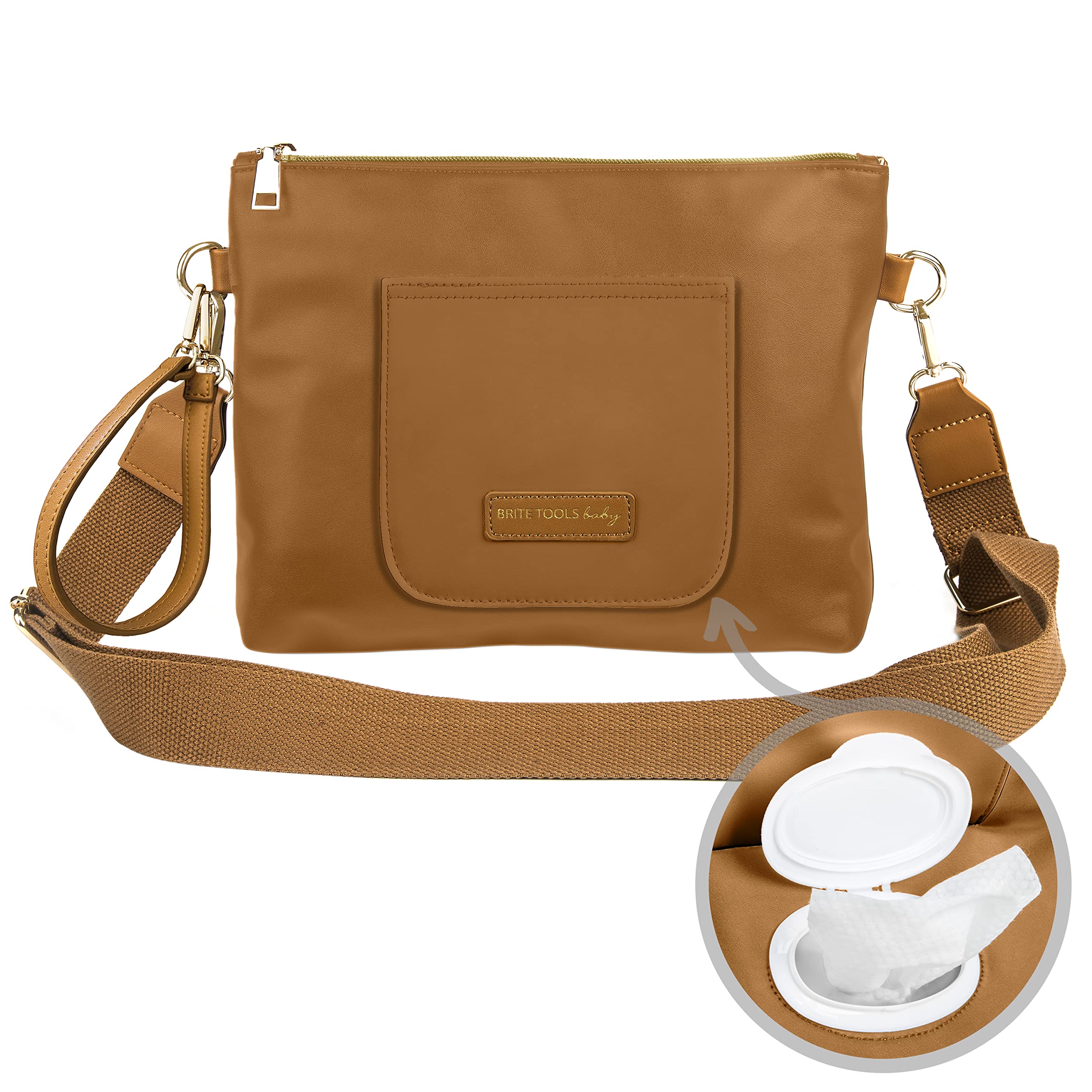 Brite Tools Leather Crossbody Diaper Clutch Bag Refillable Wipes Holder Dispenser Small Crossbody Wristlet Designer Purse (Brown)
