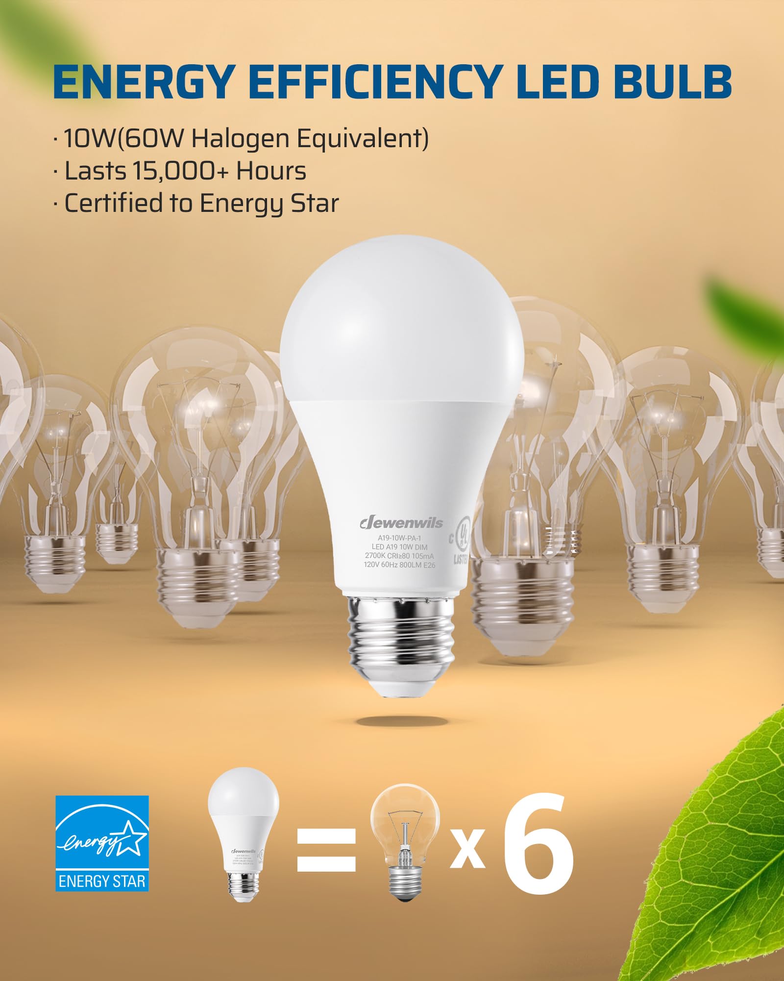 DEWENWILS 4-Pack Dimmable LED A19 Light Bulb, 800 Super Bright, 2700K Soft Warm Light Bulb, 10W (60 Watt Equivalent) LED Bulb, E26 Medium Screw Base, UL Listed