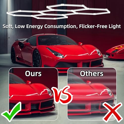 Brivulgent Larger Hexagon Led Lights for Garage Plug in 14 Grid Car Detailing 14 Hex Kit W Border Ceiling Hanging Barber Shop Electric Honeycomb Lighting (25 Pack Kit (8β x 5.5β))
