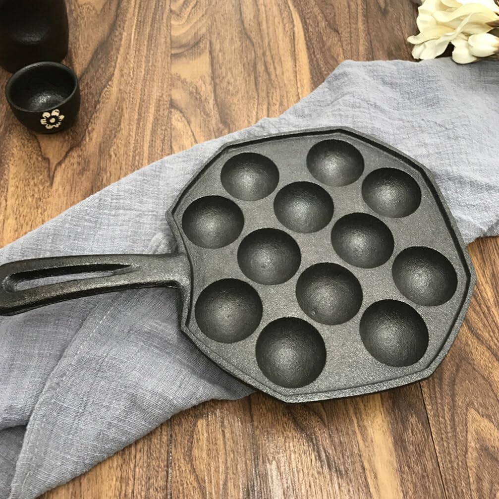 DOITOOL 2 Pcs Cast Iron Takoyaki Pan,12 Hole Heavy Duty Takoyaki Grill Pan,Non-Stick Takoyaki Maker Mold Skillet Baking Tray Octopus Meatball Maker