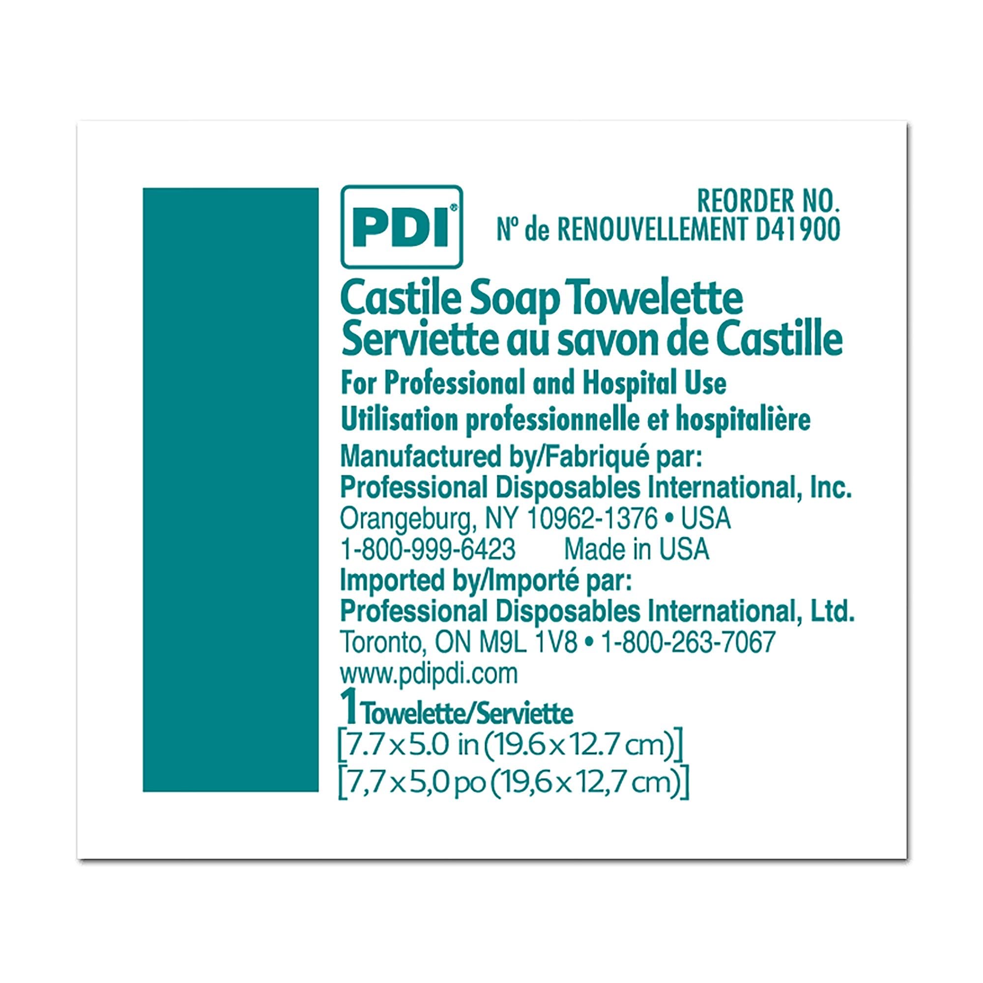 PDI Castile Soap Towelette - Premoistened Facial Cleansing Wipe with Coconut Oil, Great for Travel - Individual Packet, 7.7 in. x 5in., 100 Count, 1 Pack