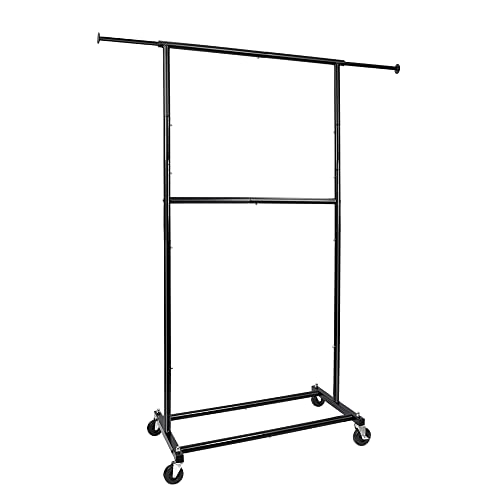 Fishat Simple Standard Double Rod Rolling Clothing Garment Rack for Hanging Clothes, Metal Clothes Organizer with Lockable Wheels (Black)