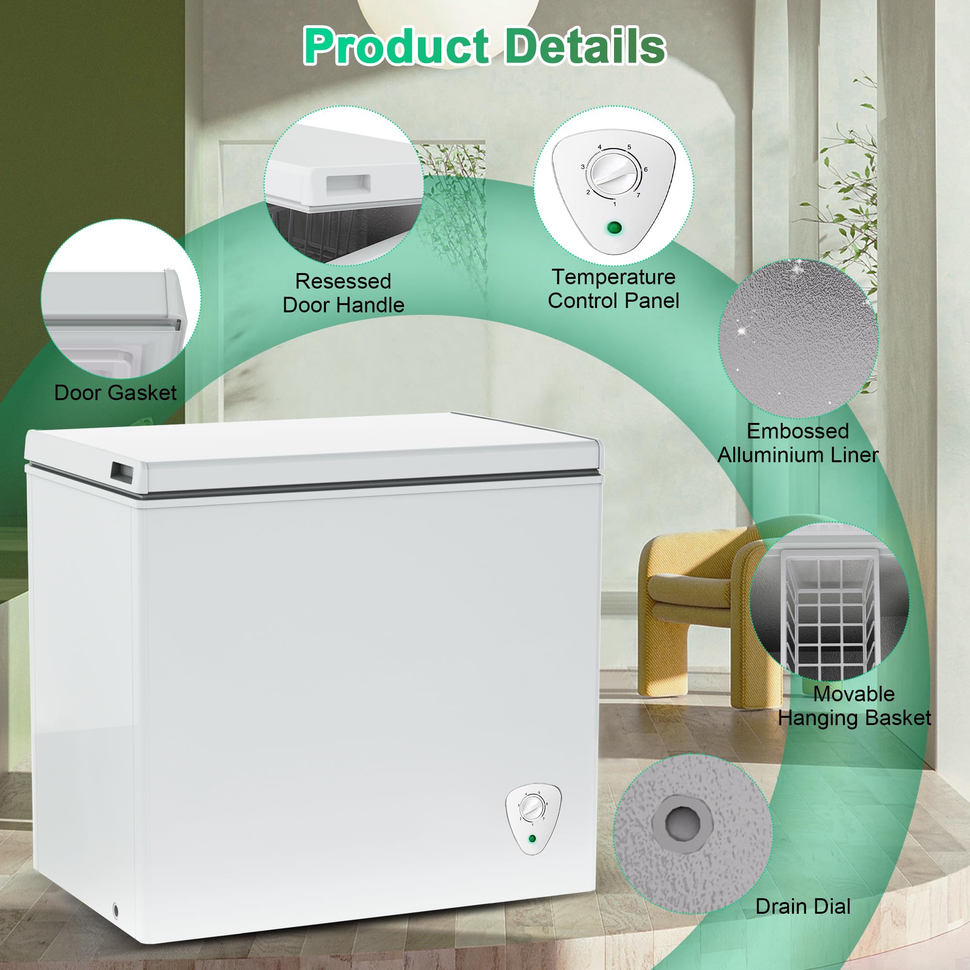 Chest Freezer 7.0 Cubic Feet with Removable Basket, Large Chest Freezer with 7 Adjustable Thermostat, Quiet Freezer Free-Standing Top Door Energy Saving Suitable for Dorm/Home/RVs, White