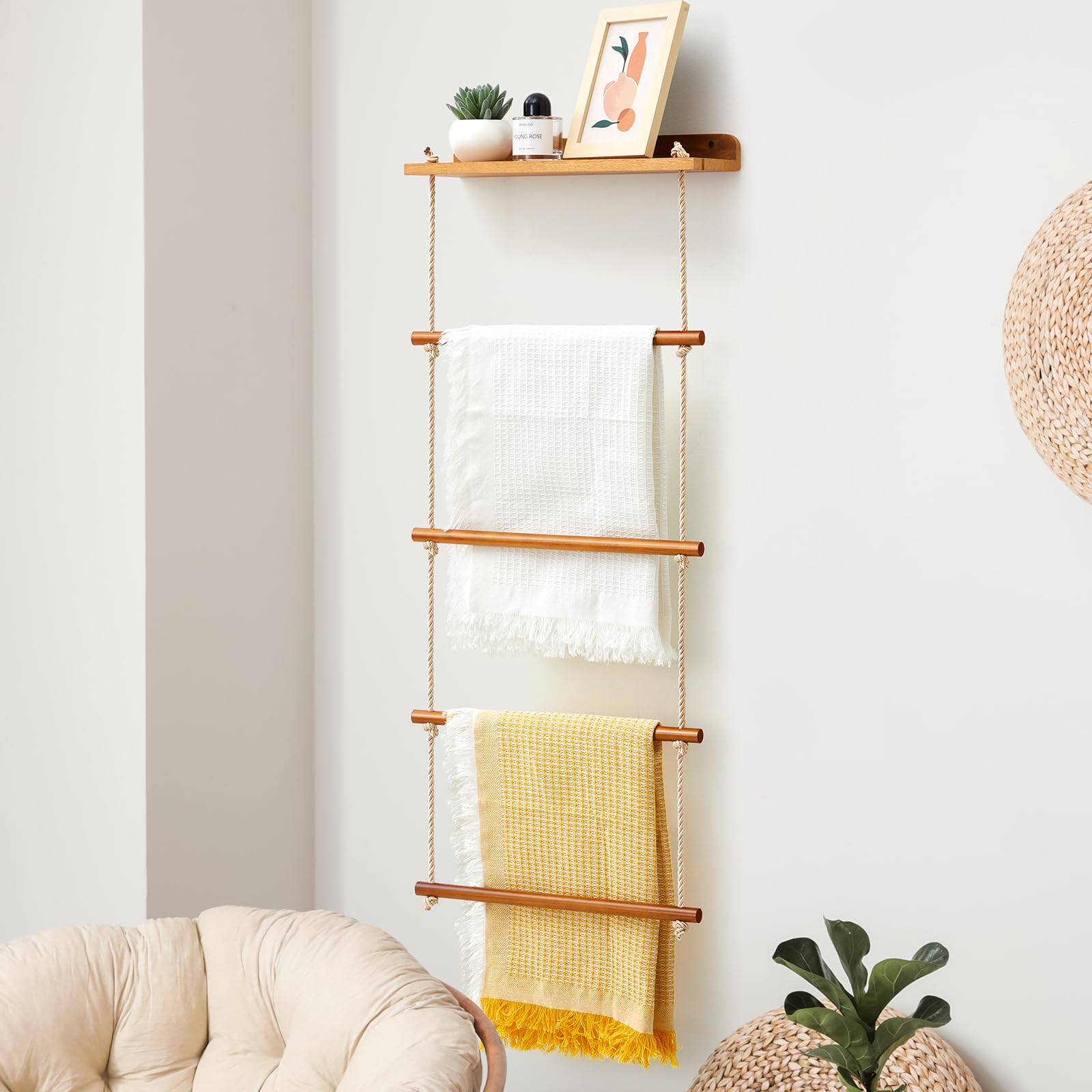 Briwooody 5 Layer Farmhouse Wooden Blanket Ladder 2 in 1 Towel Racks Decorative Rustic Wall Wood Shelf Blanket Holder Quilt Towel Holder Rack for Bathroom Living Room Bedroom(Natural Color)