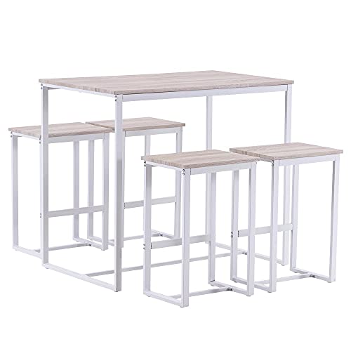 Dining Table Set (100 x 60 x 87) cm Oak Simple 87cm High Bar Table and Chairs Set of 5 PVC Paper Lacquered White Matte White
