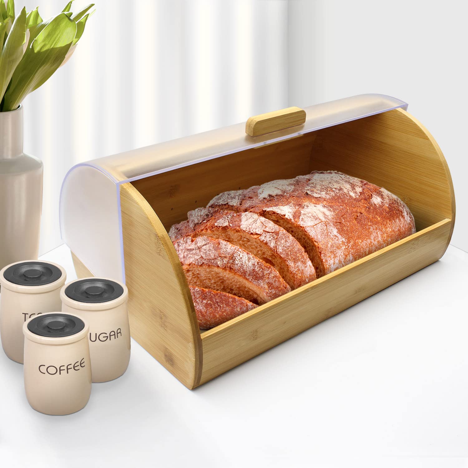 Bread Box, Bamboo, Large Storage, Acrylic Easy Glide Cover with Handle