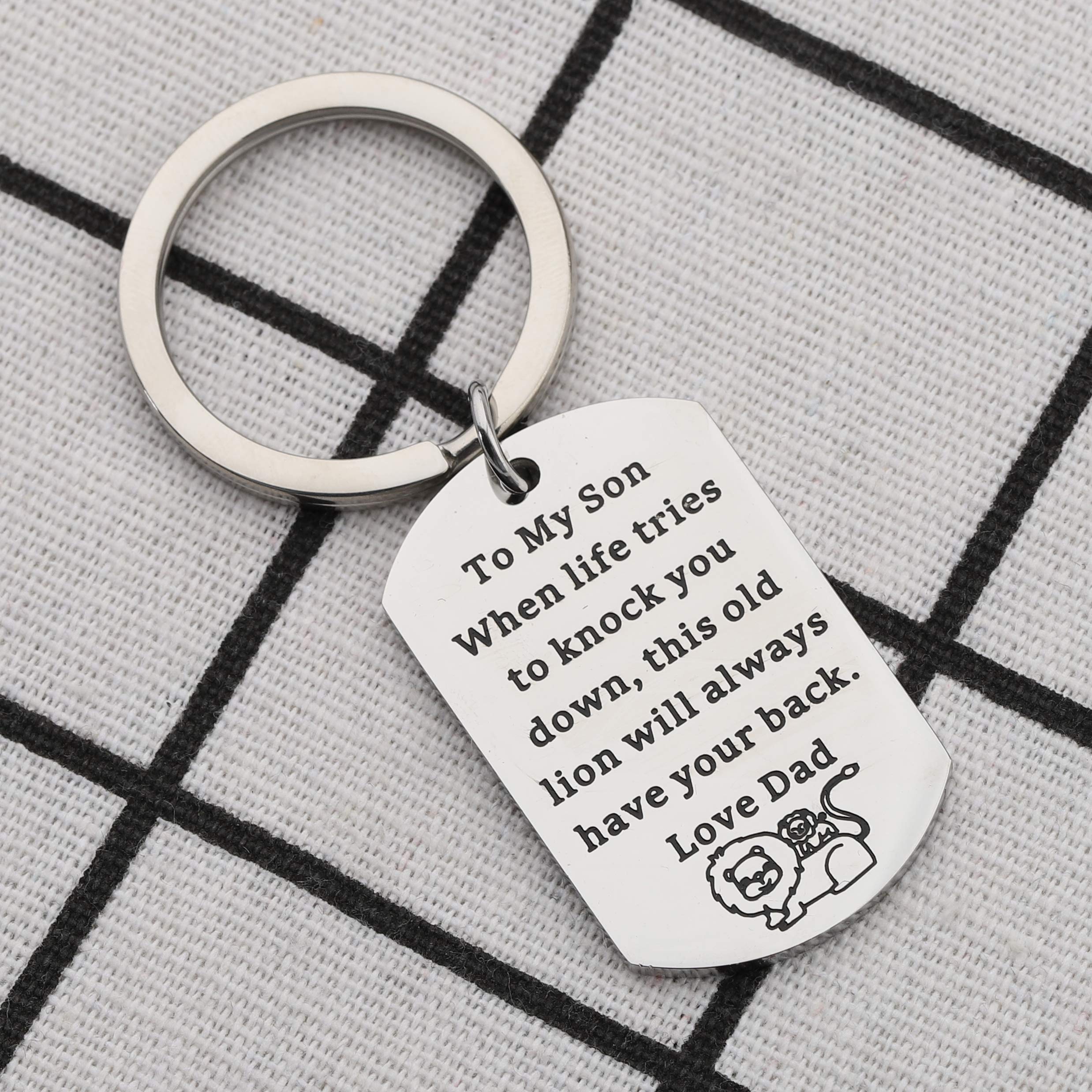 BEKECH Inspirational Keychain Gifts to My Son This Old Lion Will Always Have Your Back Dog Tag Keychain Son Gifts from Dad for Graduation Birthday (silver)