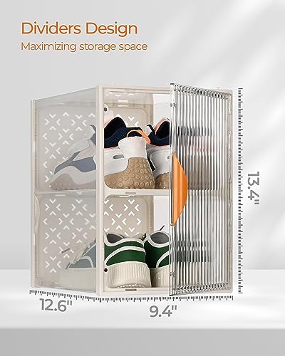 DINMO 10 Packs Shoe Box with Dividers, 20 Pairs, Clear Shoe Storage Organizer, Space Saving for Closet, Visualization, Foldable, White Transparent