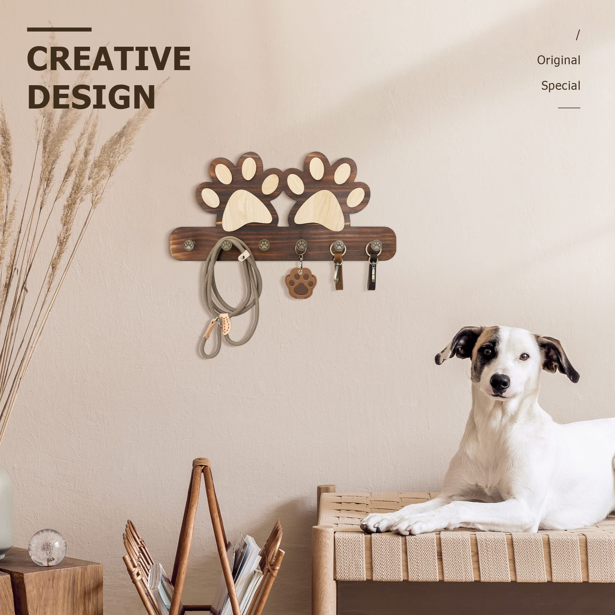 MTERSN Farmhouse Key Holder for Wall - Decorative Dog Leash Hanger Wall Mounted and Coat Rack with 5 Unique 3D Dog Claw Hooks - Dog Accessories Organizer for Rustic Home Decor(Brown)
