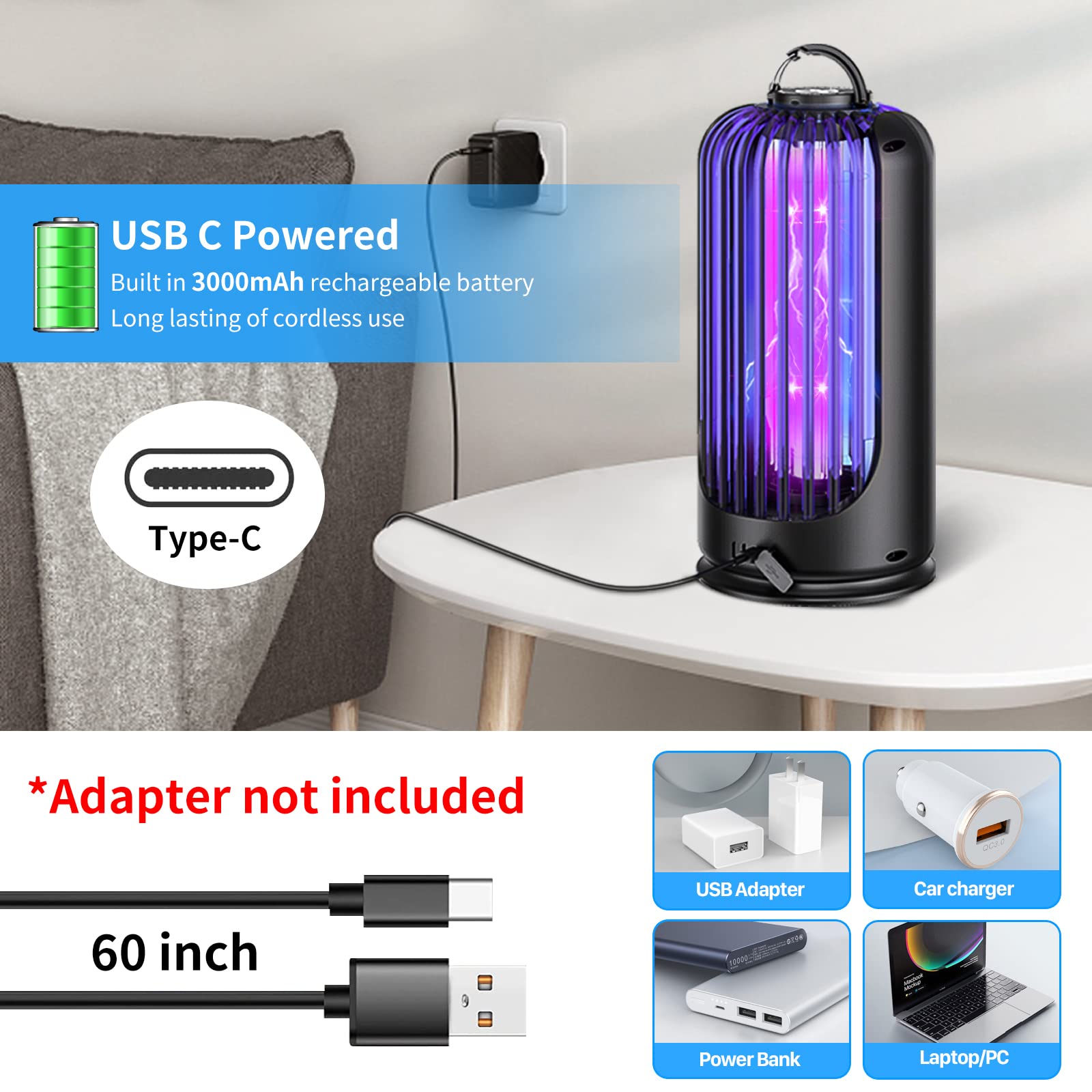 Bug Zapper for Indoor Outdoor, Rechargeable Mosquito Zapper with 3600V High Powered, Electric Pest Control Insect Fly Zapper Can Attract Gnats, Mosquitoes, Flies, Moths for Home, Patio (Purple)