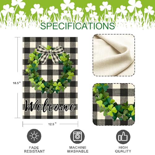 BEZKS St Patricks Day Small Garden Flag 12.5 x 18 Inch, Best Choice Bow Shamrock Wreath Welcome Double Sided Decorative Flag For Outside Yard Lawn Decoration (JS01)