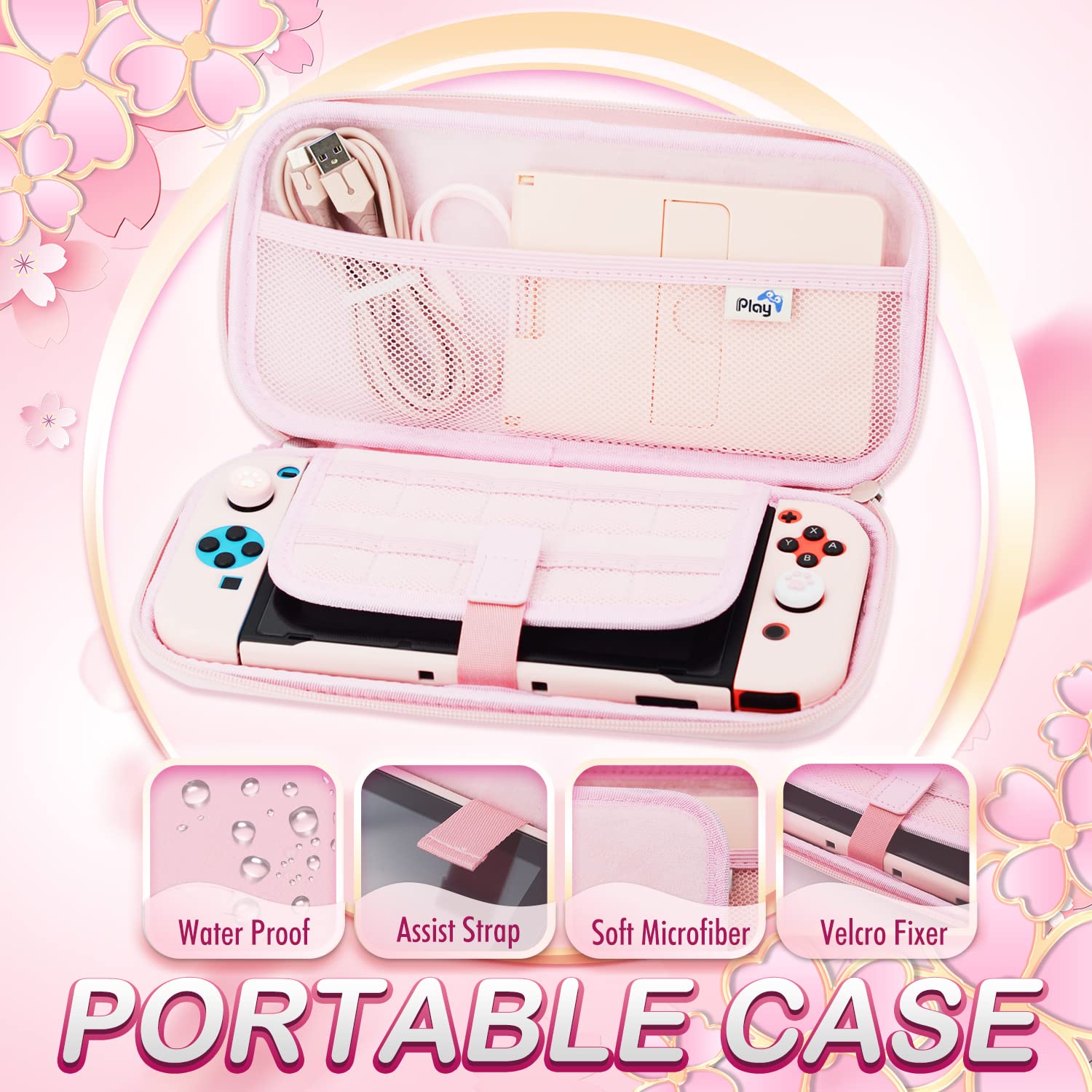 PlayM Pink Carrying Case & Accessories Bundle for Nintendo Switch, Cute Accessories Kit with Protective Cover, Screen Protector, Adjustable Stand, Game Card Case, Thumb Grips & Charger Cable for Girls