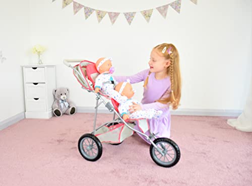 KOOKAMUNGA KIDS Baby Doll Stroller Deluxe Double | Foldable Twin Jog Pram | Retractable Canopy | Premium Pink & Gray Fabric | Soft Grip Handle | Storage Basket Underneath