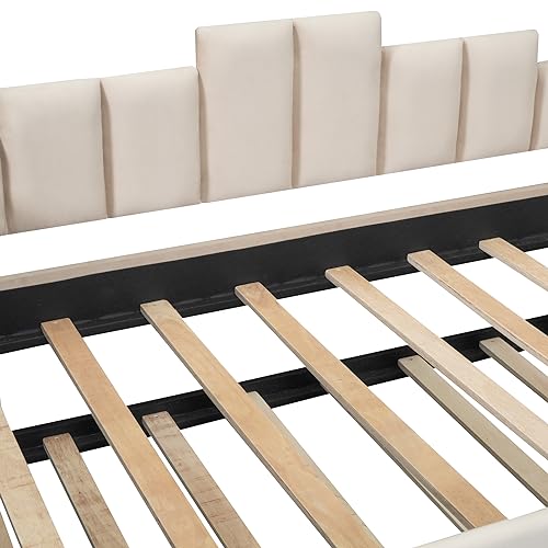 DEYOBED Twin Size Upholstered Daybed with Trundle, Light and 2 USB Ports, Twin Day Bed Sofa Bed Frame for Bedroom Living Room Guestroom, No Box Spring Needed, Beige