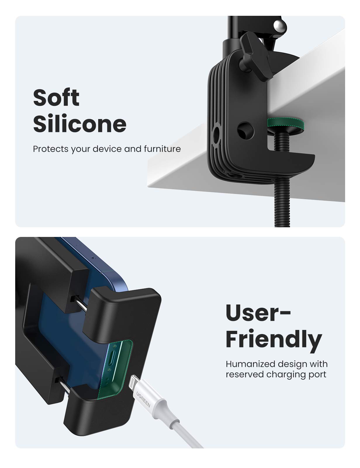 UGREEN Tablet Stand Holder for Bed Long Arm Adjustable Tablet Mount Flexible Clamp Desktop Stand Overhead Compatible for iPad Pro 10.5,9.7, Air Mini 5 4 3 2, iPhone, E-Reader, Black