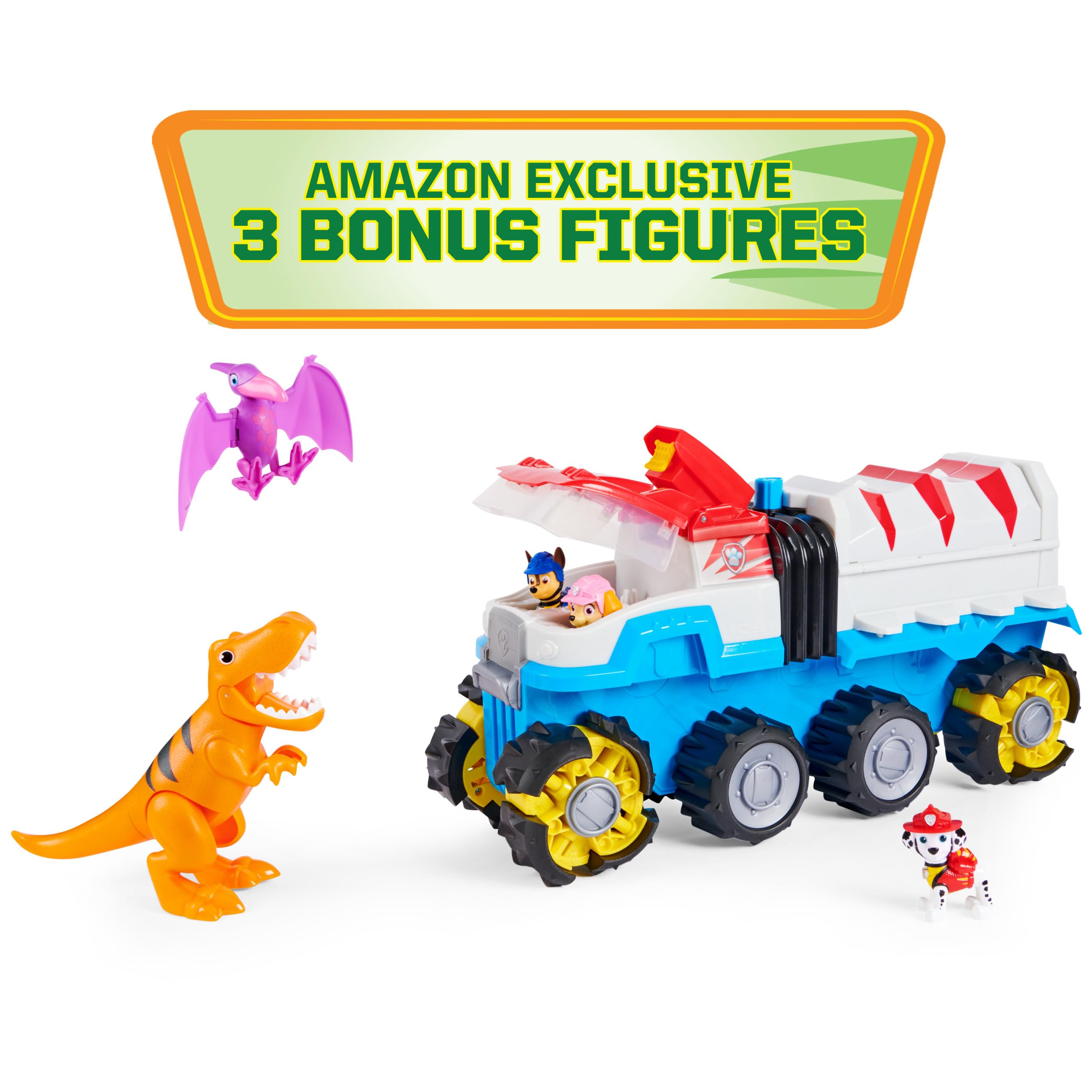 Paw Patrol, Dino Patroller Motorized Vehicle with 3 Exclusive Bonus Action Figures and 2 Dinosaur Toys (Amazon Exclusive), Kids Toys for Ages 3 and up