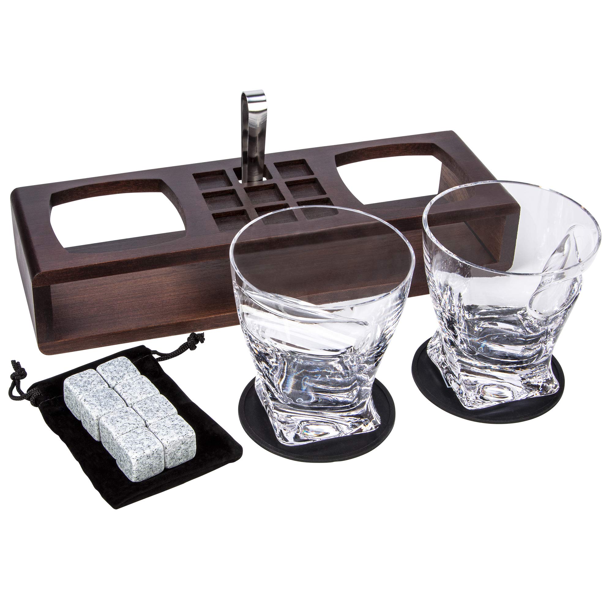 Bezrat Old Fashioned Cigar Whiskey Glasses With Side Mounted Cigar Rest Gift Set + Whisky Chilling Stones and accessories on Wooden Tray - Scotch Bourbon Glasses β Christmas Holiday Gift
