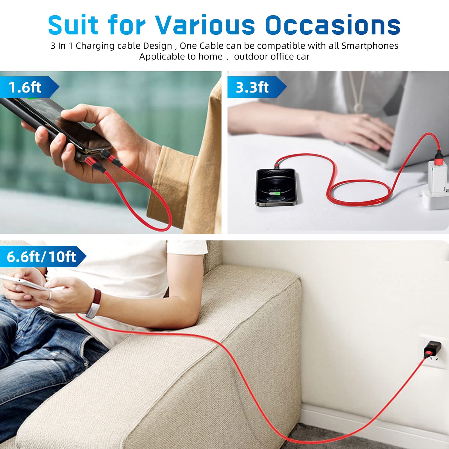 Bojianxin Magnetic Charging Cable(7-Pack, 1.6ft/3.3ft/3.3ft/6.6ft/6.6ft/10ft/10ft) 540° Rotation Magnetic USB Cable, 3 in 1 Magnetic Phone Charger with LED Light Compatible with Micro USB, Type C