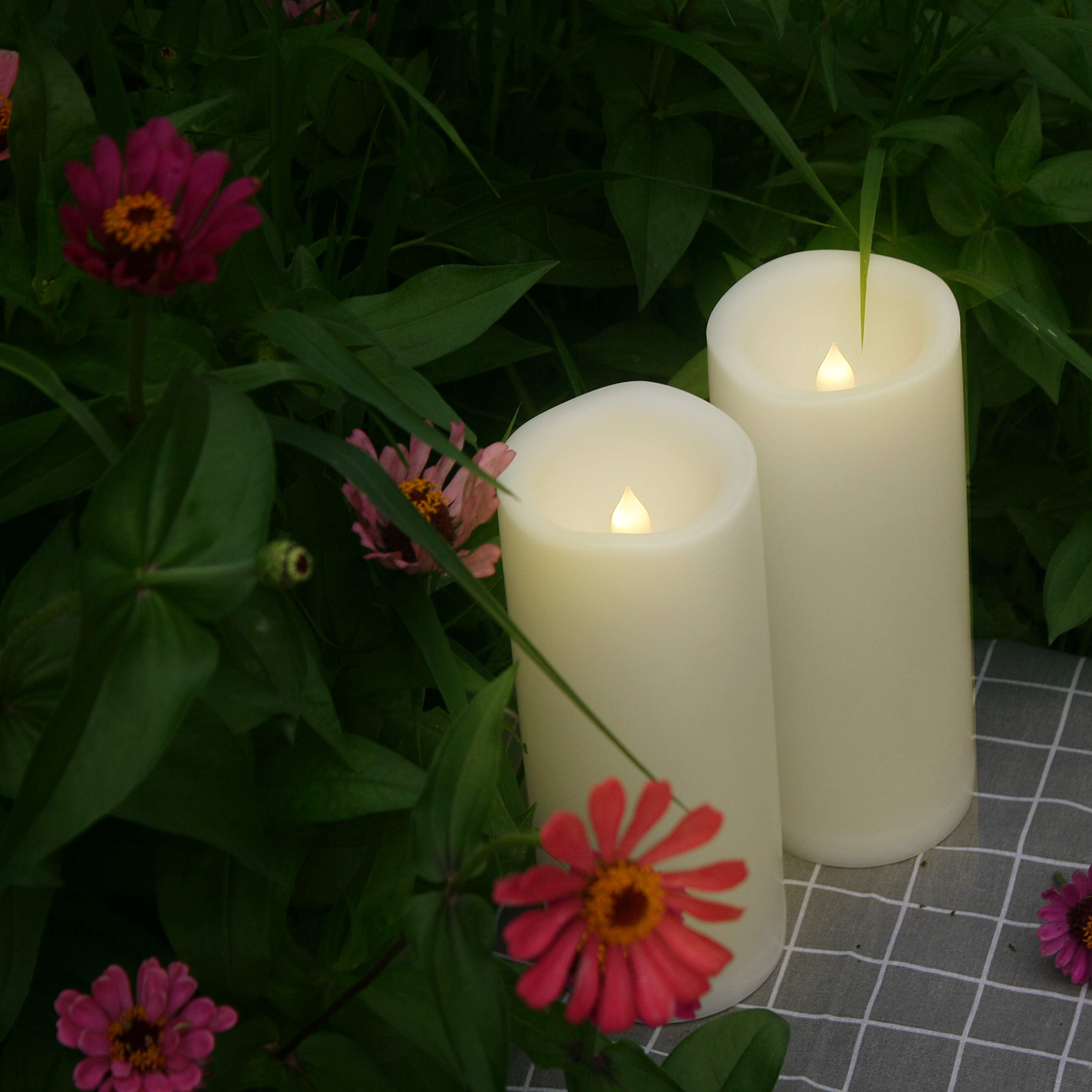 Outdoor Waterproof Large Flameless LED Candles with Remote Timer Battery Operated Plastic Big Pillar Candles for Garden Patio Home Wedding Party Decorations Flickering Electric Lights 4”x8” 2 Pack