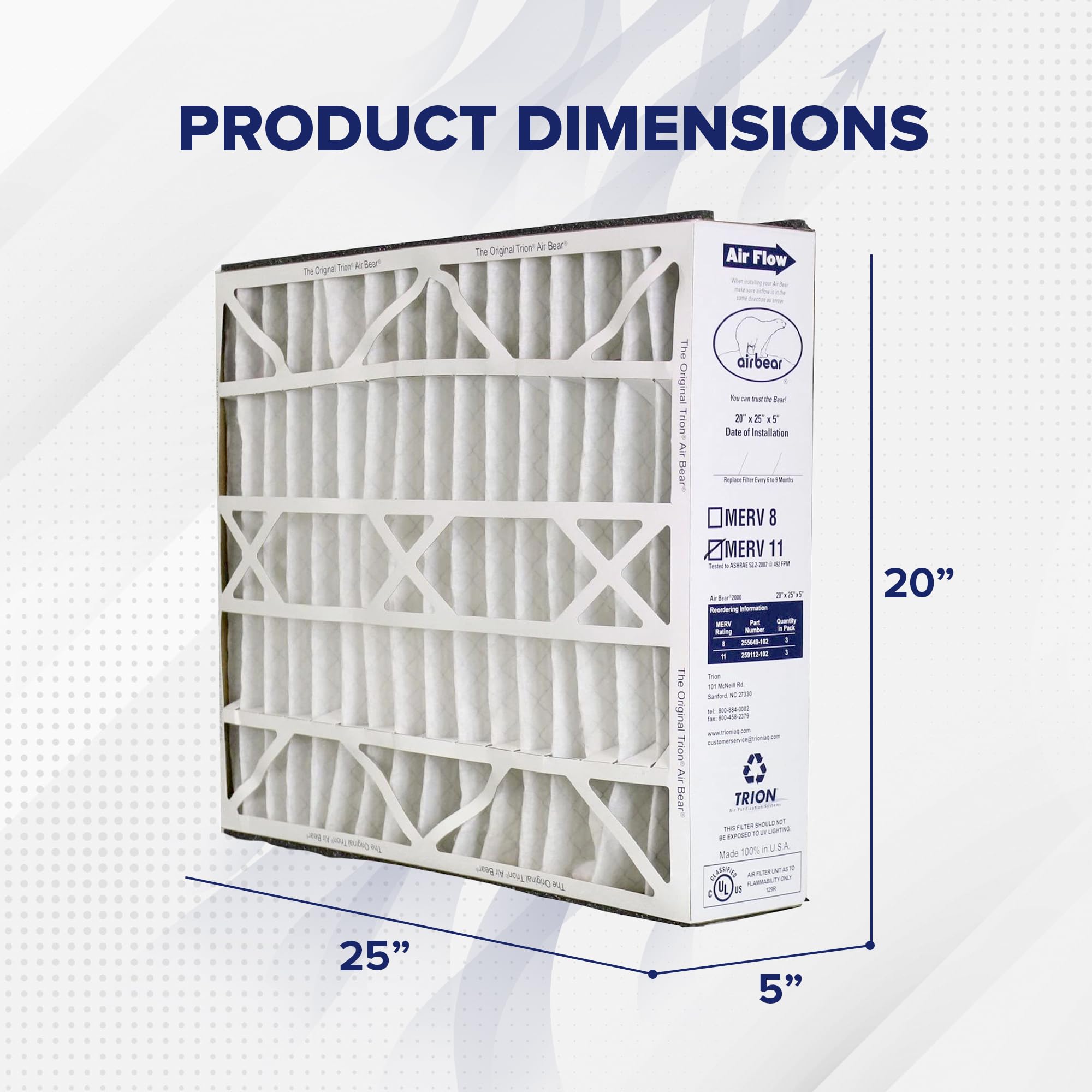 Trion 3 Pack Pleated Air Filter, Air Bear MERV 11 for HVAC/Furnace, 20x25x5 in.