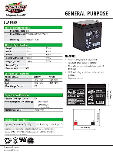 Interstate Batteries 12V 5Ah Battery (SLA1055) & 12V 8Ah Battery (SLA1075) Rechargeable Sealed Lead Acid SLA AGM (F1 Terminal) Wireless Internet UPS Systems, 5.94" x 2.56" x 3.70" (LxWxH)