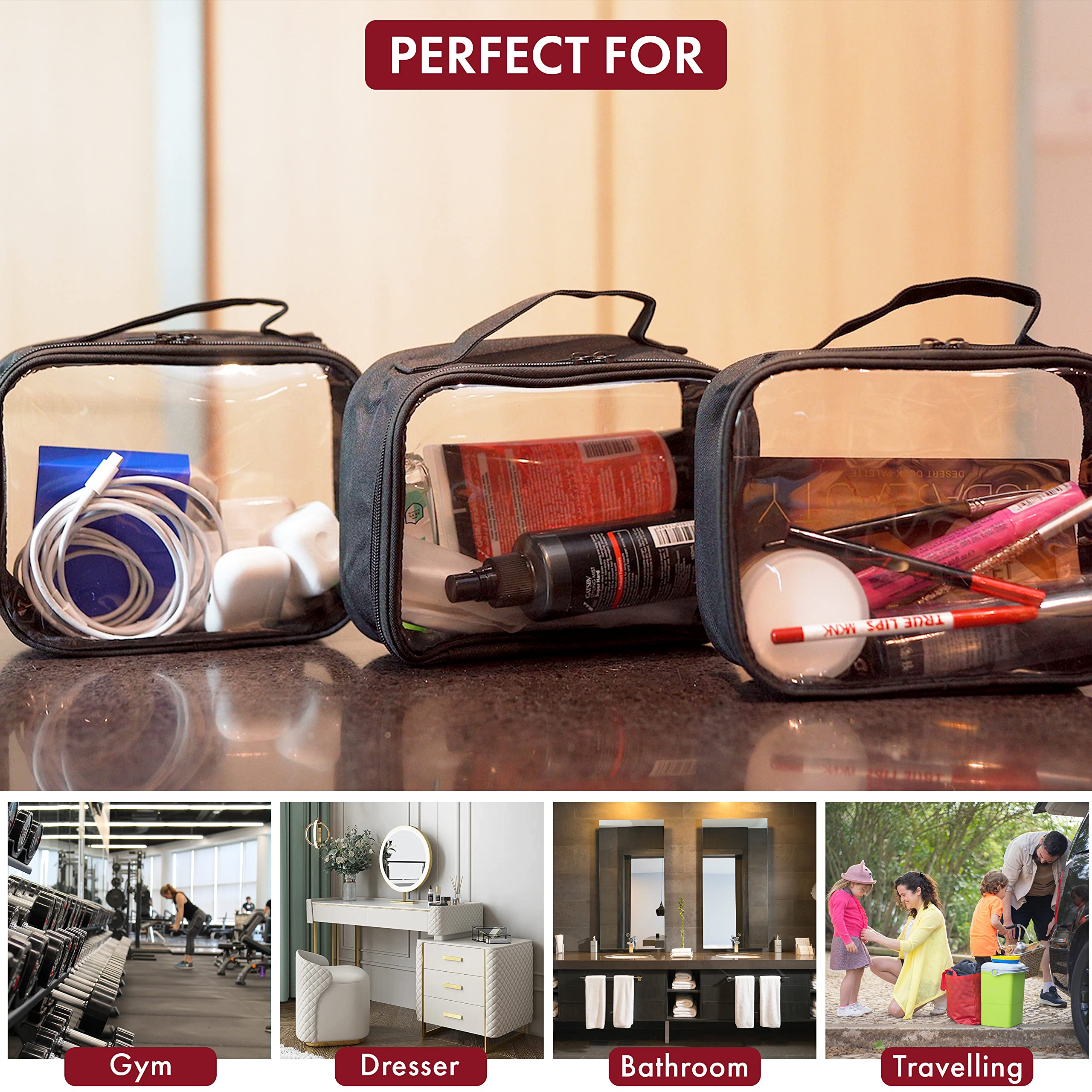 Bolsafy Clear Makeup Bags with Zipper 3pcs in Black, 6.5 x 8.3 inches - Quart Size, TSA Approved Toiletry Bag - Waterproof & Leak-Resistant PVC Clear Travel Bags β Perfect for Women, Men & Kids