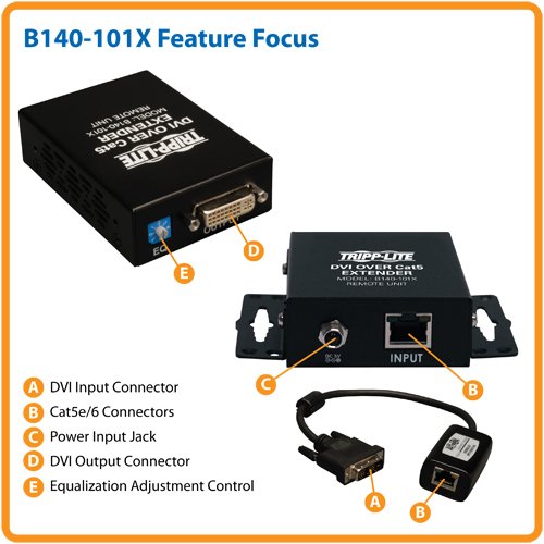 Tripp Lite DVI over Cat5 / Cat6 Extender, Extended Range Video Transmitter and Receiver 1920x1080 at 60Hz(B140-101X),Black