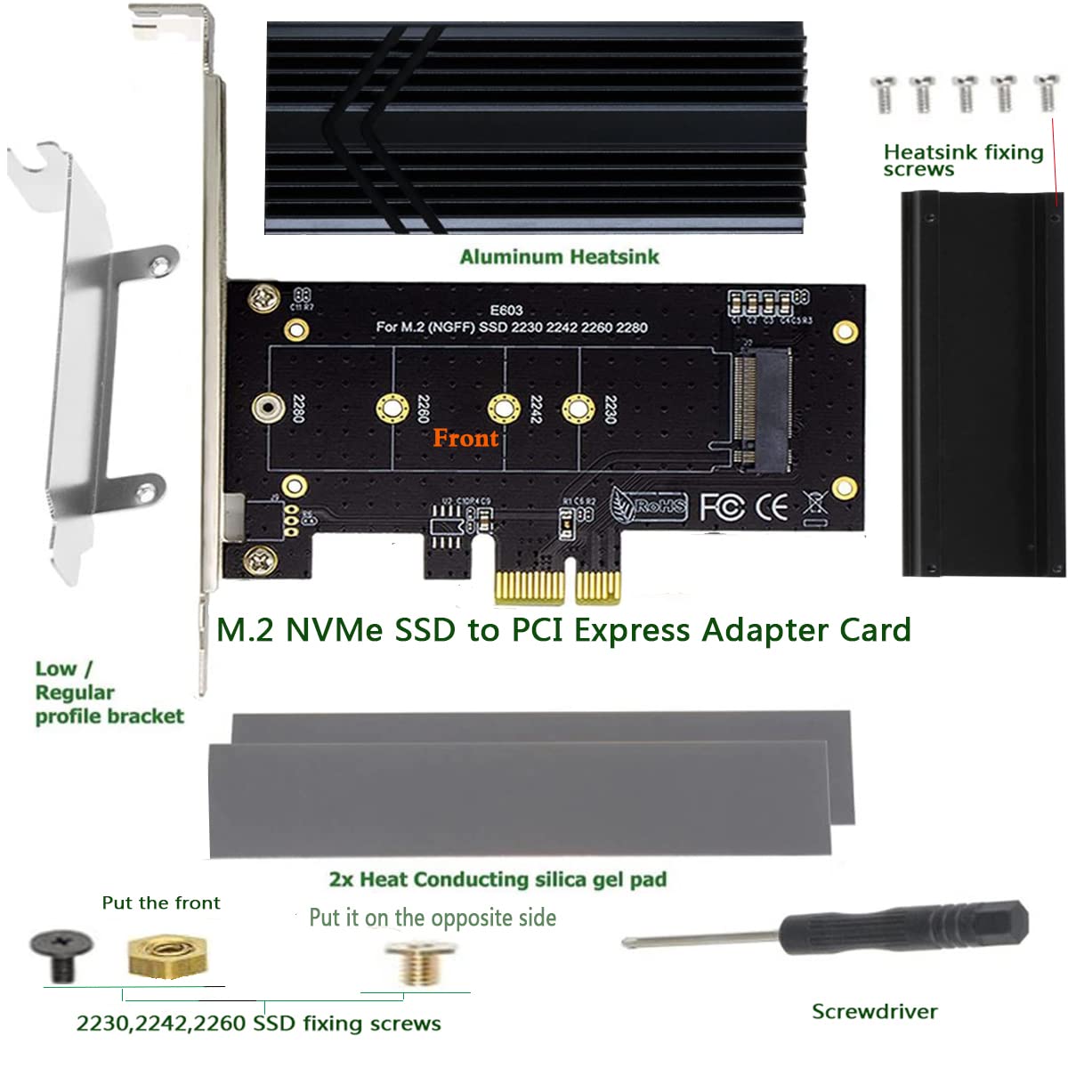 NVMe M.2 Adapter PCIe SSD to PCI-eX1/X4 / X8 / X16 Controller Expansion Card, M.2 (NGFF) SSD Pcie Adapter Converter Card with with Aluminum Heat Sink for M.2 (M Key) NVMe SSD 2280/2260/2242/2230