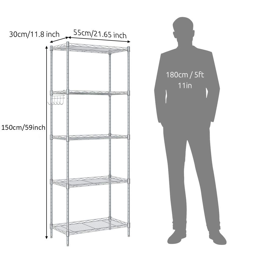 Cozzine 5 Tier Storage Shelves, Adjustable Storage Shelves 21"x 11"x 59" Heavy Duty Steel Tube Wire Shelving Unit (Silver)