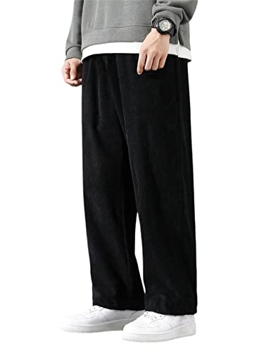 Floerns Men's Loose Fit Corduroy Elastic Waist Slant Pocket Straight Leg Pants Black L