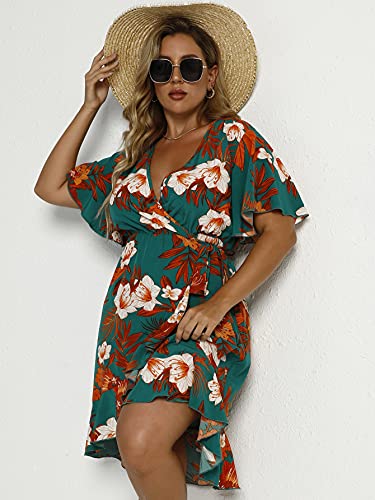 Floerns Women's Plus Size Striped Print Wrap V Neck Short Sleeve A Line Dress Green Multi 1XL