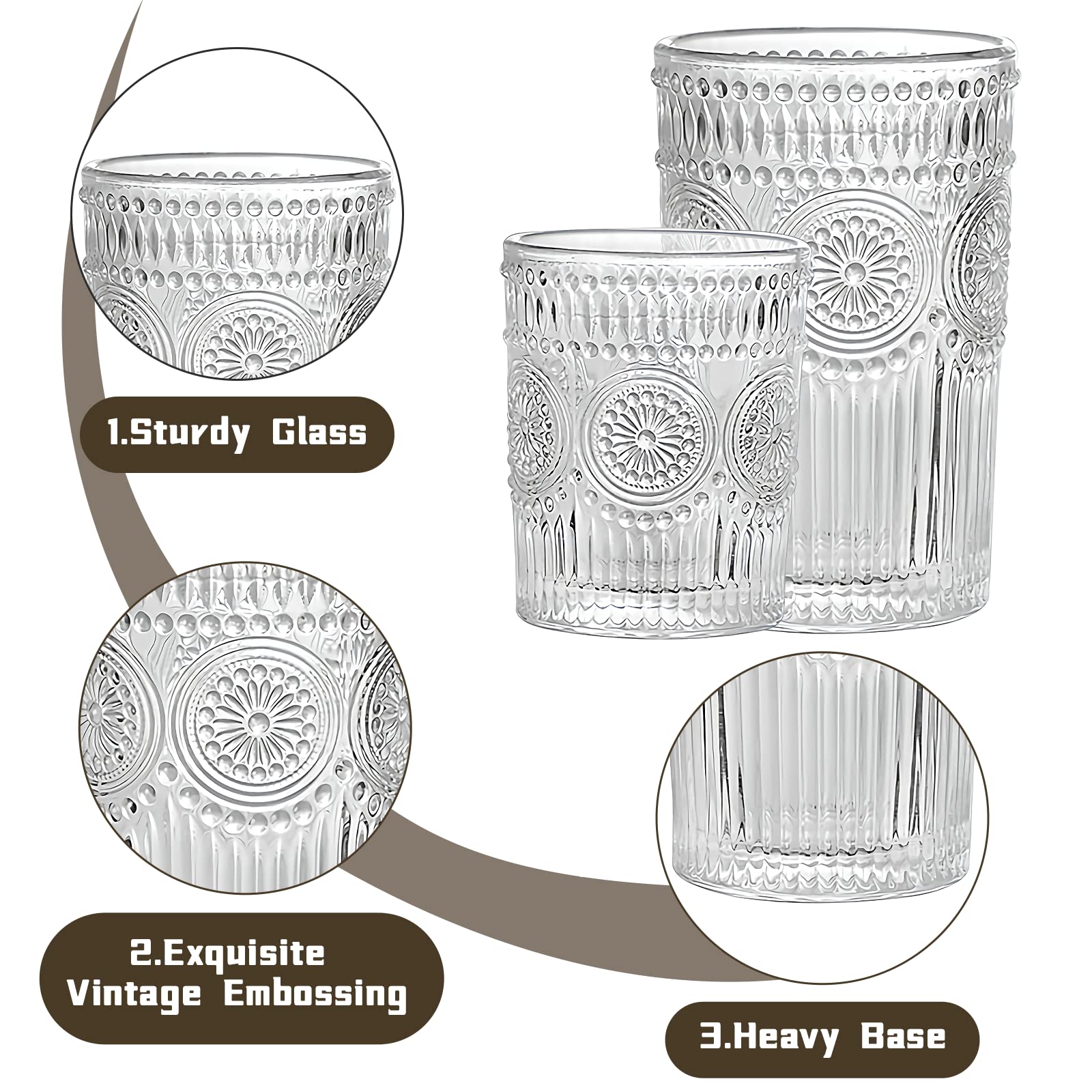BOATDID Vintage Drinking Glasses Tumbler Set of 6,Embossed Water Glasses Cocktail,Juice,Beer,Iced Coffee,Clear Glassware for Kitchen,Thick & Heavy Glass Highball Glasses with Heavy Base 12oz/9oz