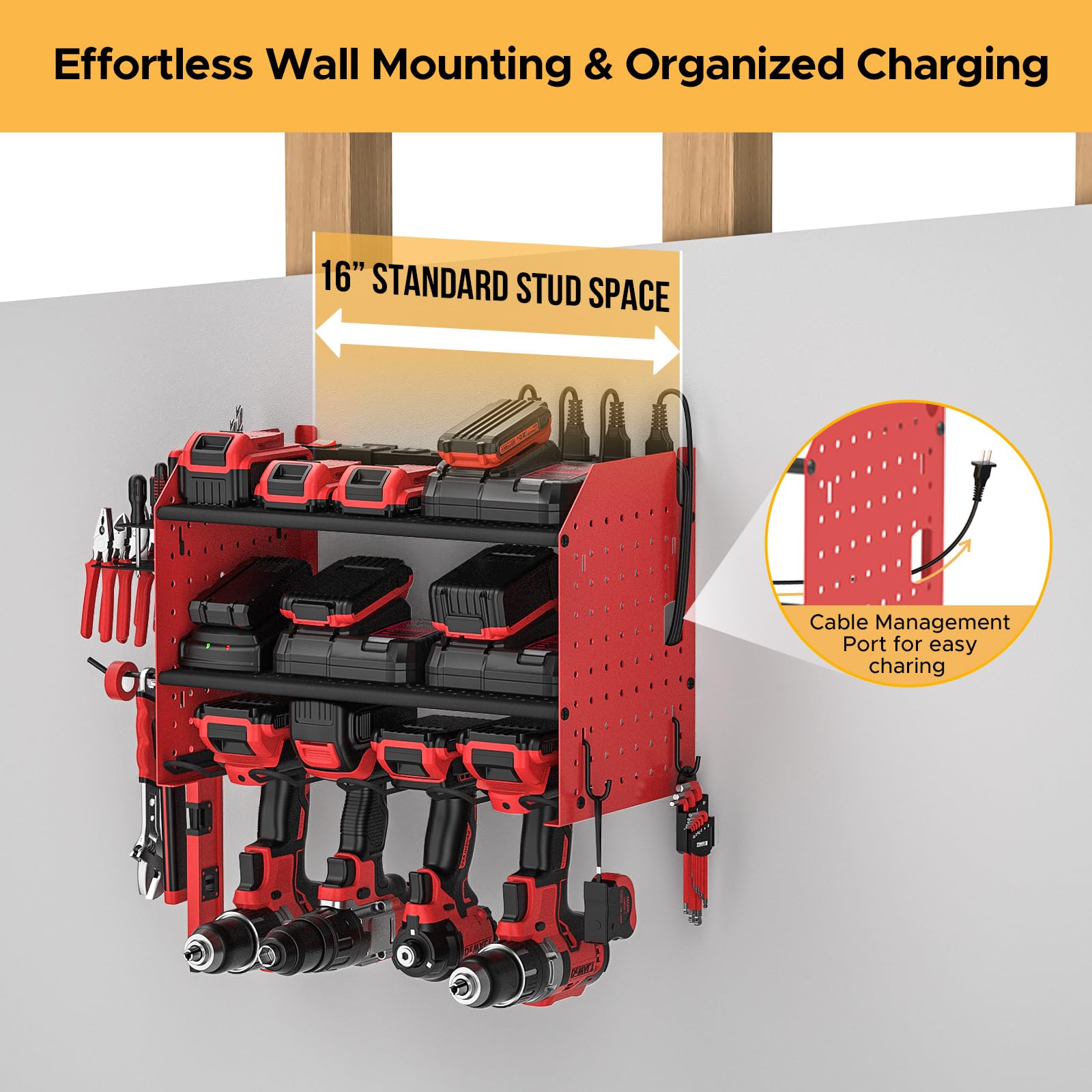 CRST Power Tool Organizer & 8-Outlet Power Strip Bundle, Cordless Drill Holder with Charging Station for Garage & Workshop
