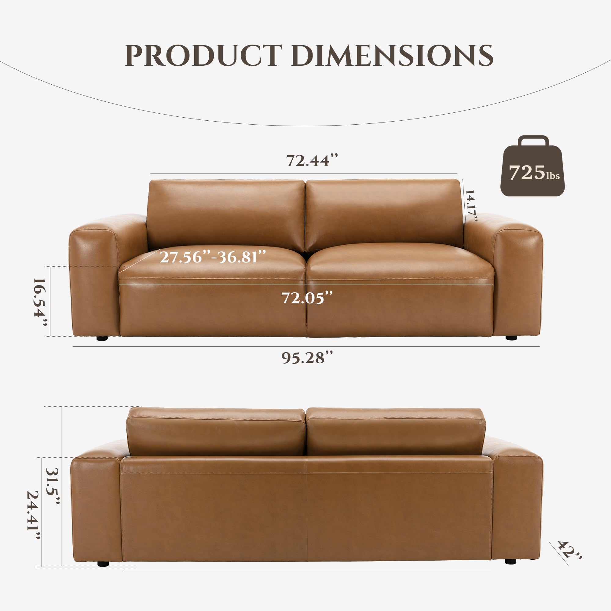 COLAMY PU Leather Sofa Couch, 95" Oversized Sofa Loveseat for Living Room, Comfy Love Seat Couch with Extra Deep Seats, Wide Arm, Down Filled 3-Seater Modern Sofa for Apartment/Lounge/Bedroom-Auburn
