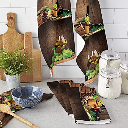 BEKYONEE Kitchen Towels 4 Pack 18×28in-Super Absorbent Dish Cloth Wine Grape Glass and Barrel Soft Dish Towel for Home Drying Dishes Vintage Wooden Board Tea Bar Hand Towels Cleaning Cloths