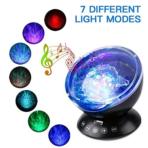 Ocean Wave Night Light Projector, Baby Lullaby Night Light with 7 Relax Light Show Projection, Music Player, Auto-Off Timer for Nap-time for Baby Nursery, Adults and Kids Bedroom, Living Room (Black)