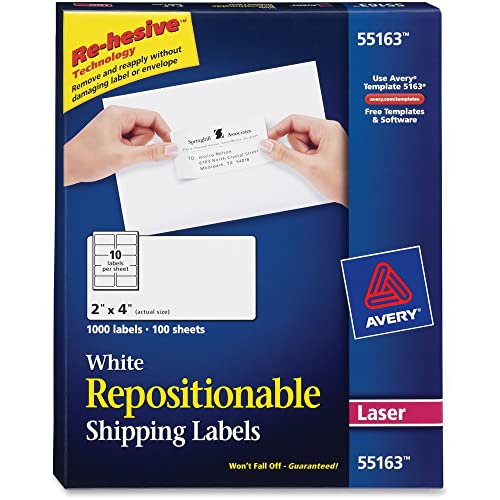 Avery Repositionable Shipping Labels for Laser Printers 2 x 4, Box of 1,000 (55163)