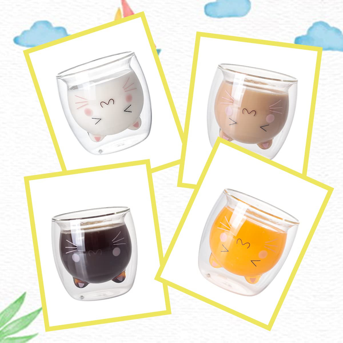 Bgbg Cute Coffee Mug Cat Tea Cup Milk Double Wall Clear Insulated Glass Espresso Mug with Coaster interesting Gift for you