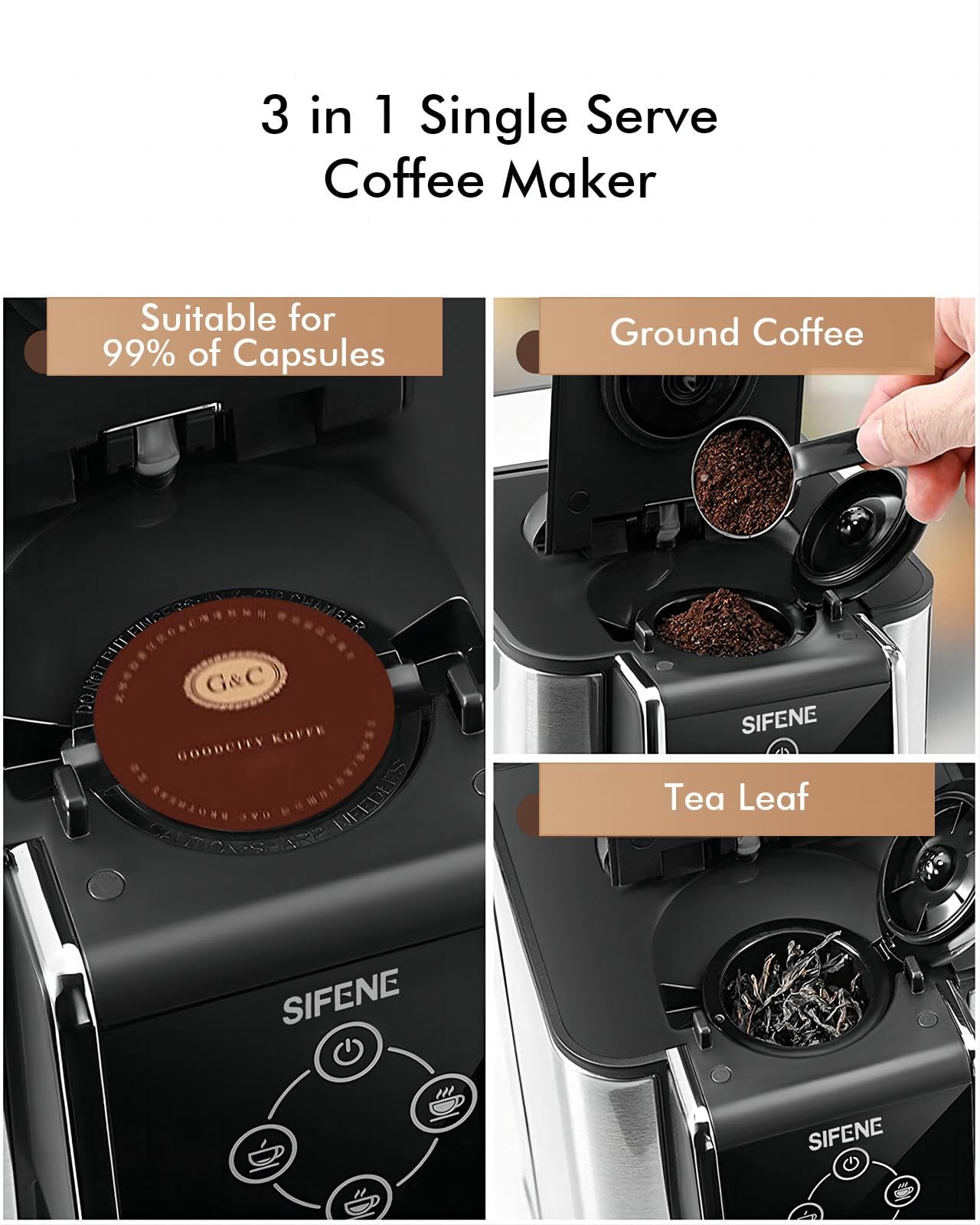 SIFENE Single Serve Coffee Maker, 3-in-1 Quick Brew for Coffee Pods, Ground Coffee, & Loose Tea, 6-12oz Cup Sizes, 50oz Removable Water Tank, 1150W, Compact, Black