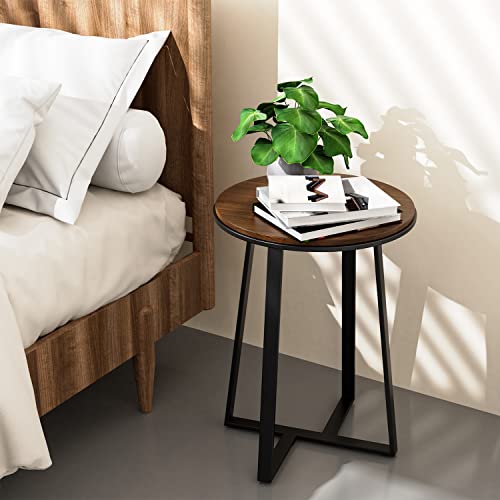 Dorriss Round Small End Table Walnut Color MDF Top,Metal Frame Black, Tall End Table for Bed Room,Coffee Tea End Table for Living Room(Walnut+Black)