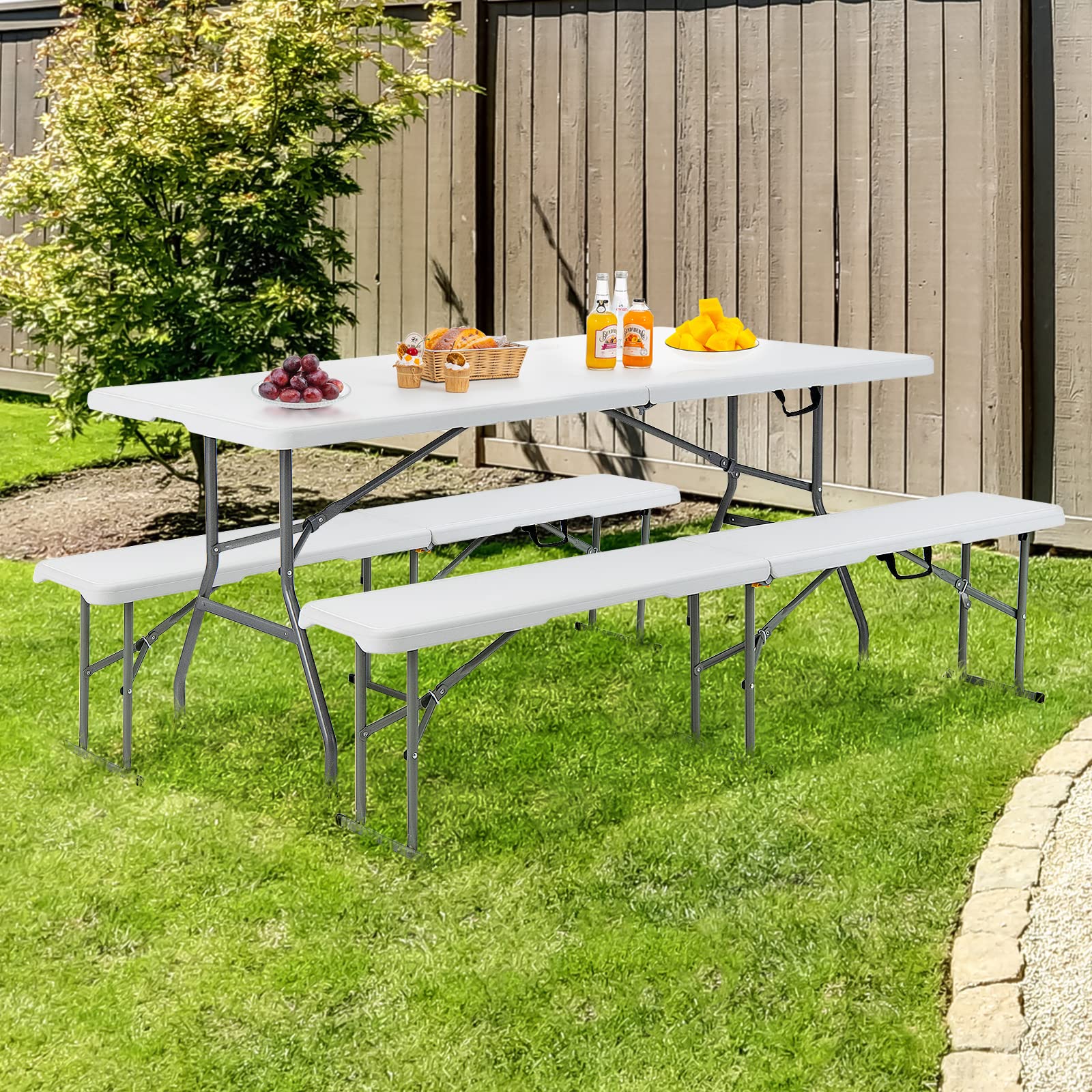 Giantex 6 Feet Folding Bench, Set of 2 Portable Indoor Outdoor Seat for Picnic Camping Party Dining, Foldable Bench with Carrying Handle 550 lbs Capacity Off White