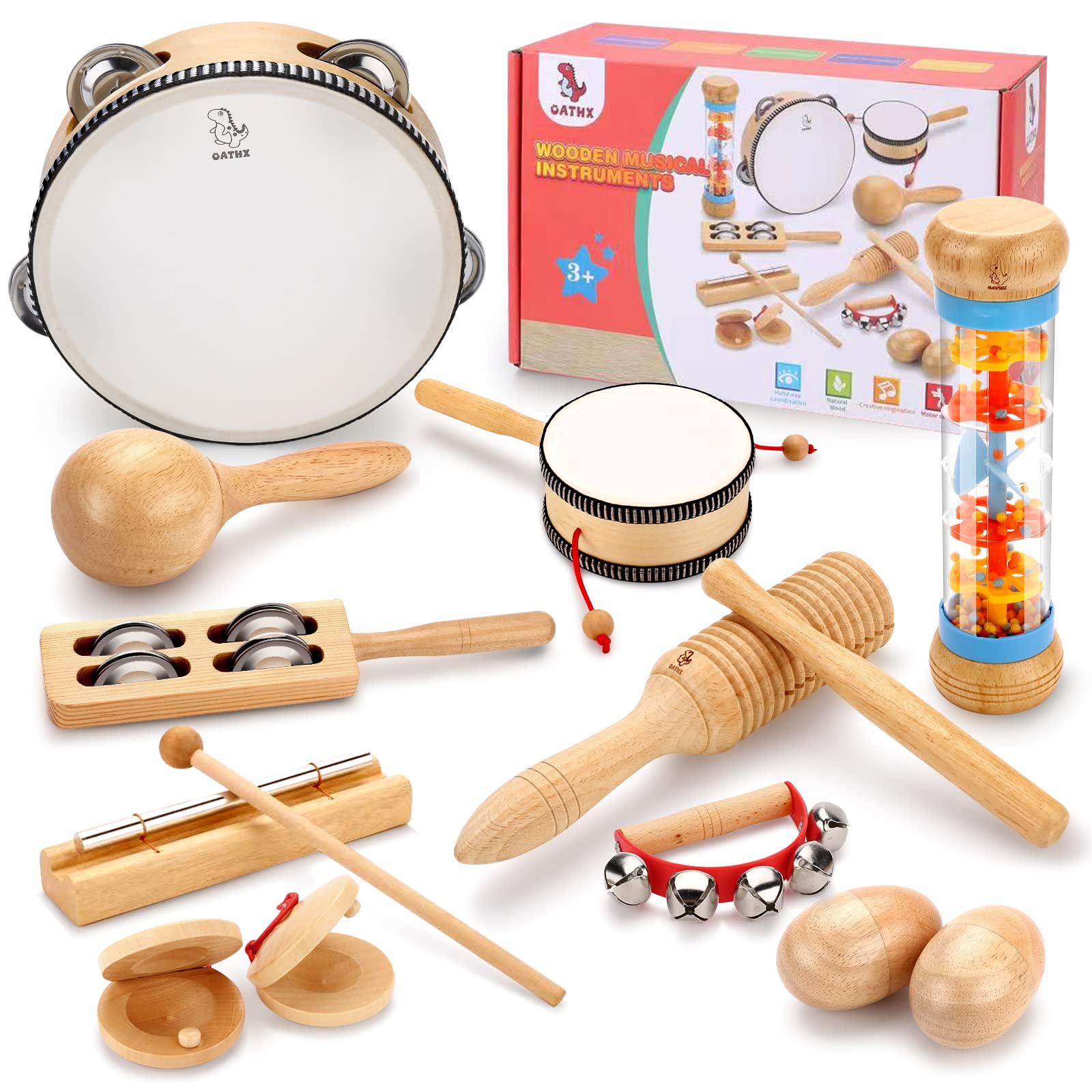 OATHX Kids Musical Instruments, Wooden Sensory Musical Toys for Toddlers Percussion Instruments Montessori Toys Baby Preschool Learning Music Toys Birthday Gifts for Boys Girls