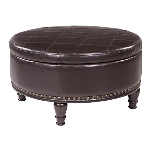 OSP Home Furnishings Augusta Round Storage Ottoman with Decorative Nailheads and Flip Over Lid with Serving Tray Surface, Espresso Faux Leather
