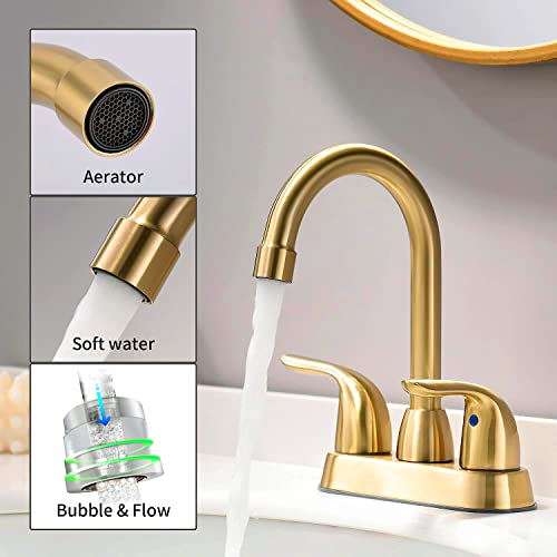 Bathroom Sink Faucet with Pop-up Drain Assembly, Brushed Gold Bathroom Faucet 2-Handle for 4 Inch Sink,Modern Centerset Bathroom Faucet with Supply Hose Lead-Free